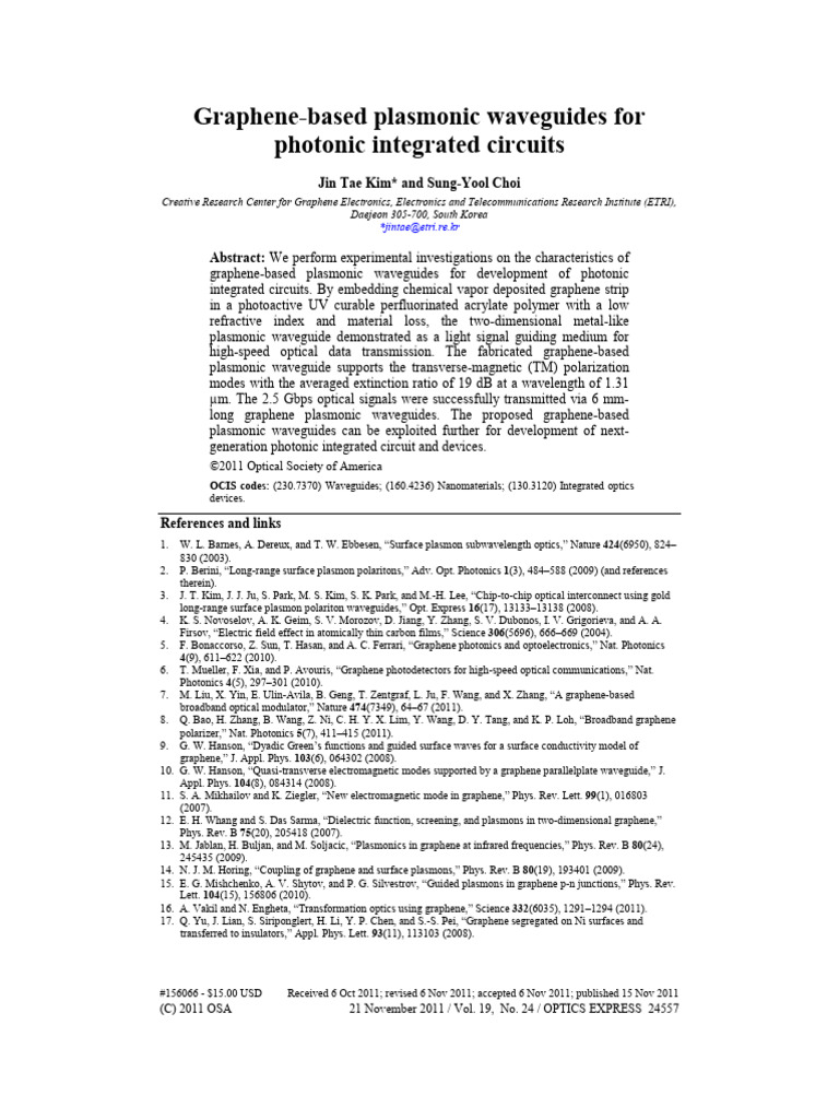 Graphene-Based Plasmonic Waveguides For Photonic Integrated Circuits | PDF