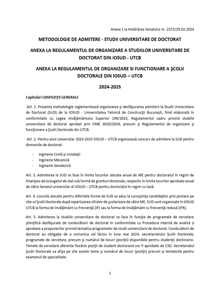 Anexa 1 La HS 2372 29.02.2024 Metodologie de Admitere Studii Universitare de Doctorat 2024 ...