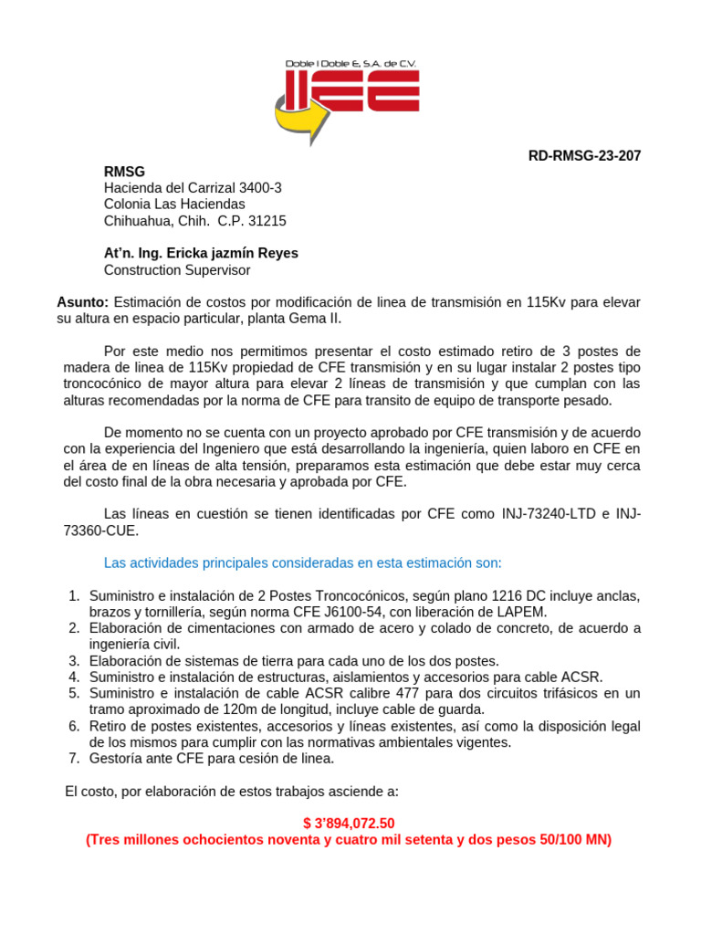 207 RMSG Estimacion de Costos Por Modificacion de Lienas de Alta Tension | PDF