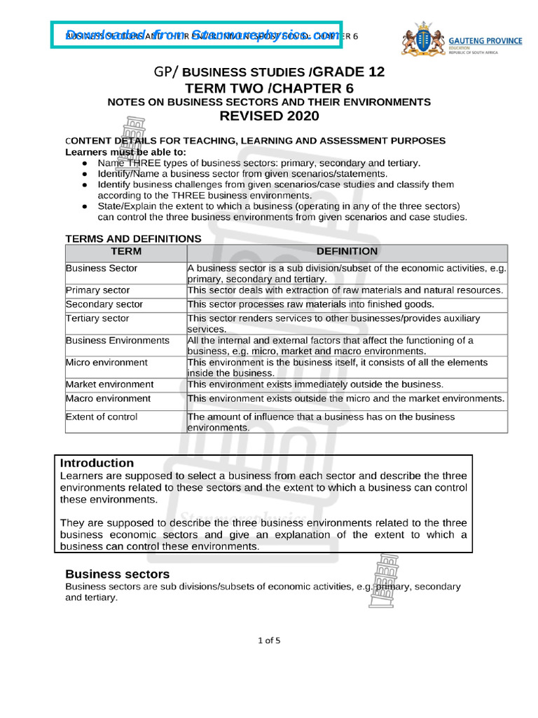 Gauteng Business Studies Notes Grade 12 TERM 2 | PDF