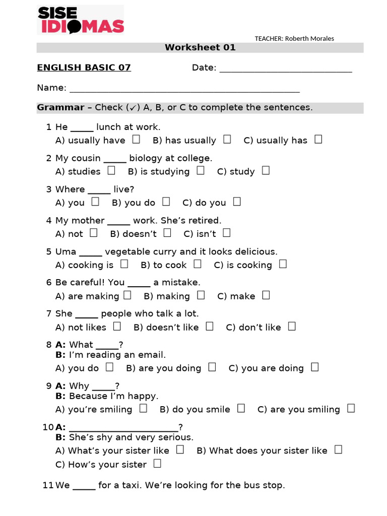 Sise Basic 07 Worksheet 01 | PDF