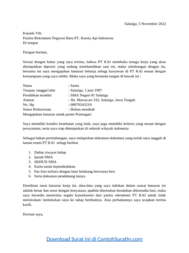 109 - Contoh Surat Lamaran Kerja Pramugari Kereta API | PDF