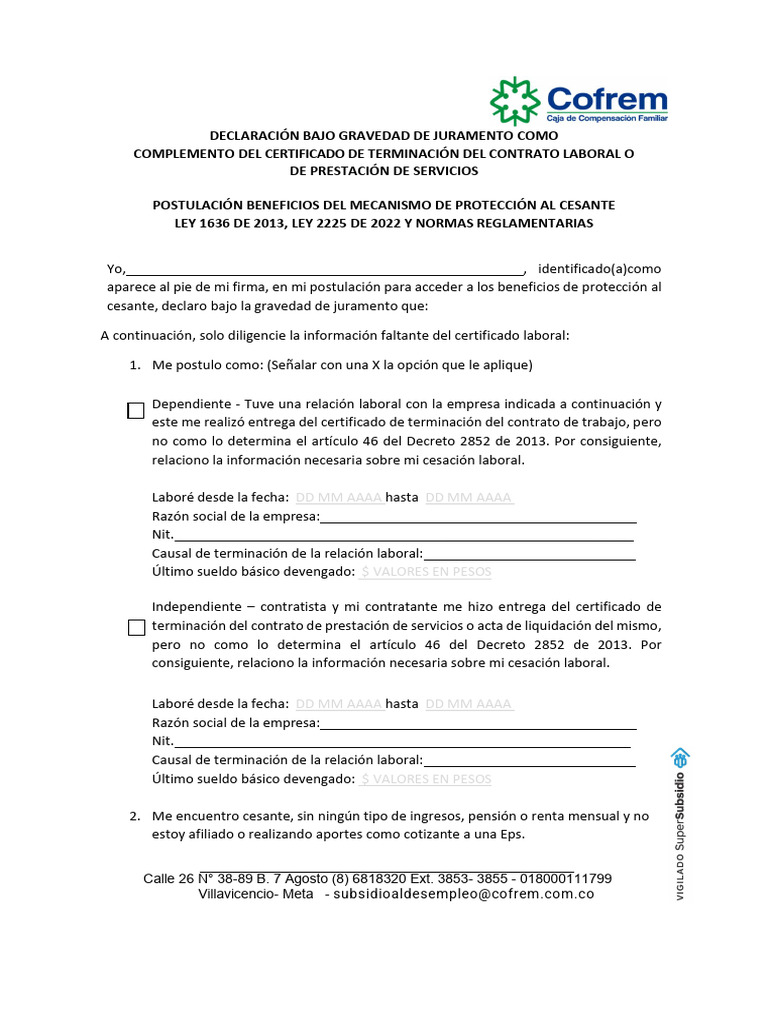 Declaración Bajo Gravedad de Juramento Complementaria Certificado Laboral - 1 Cofrem | PDF
