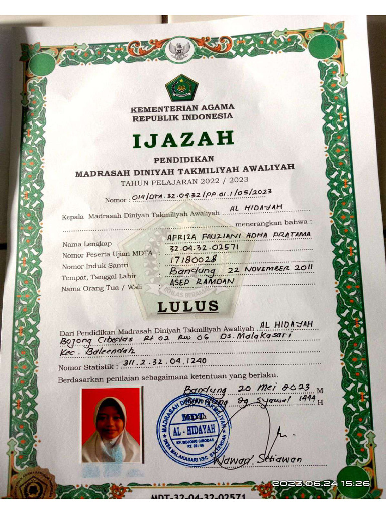 Ijazah Madrasah Diniyah | PDF