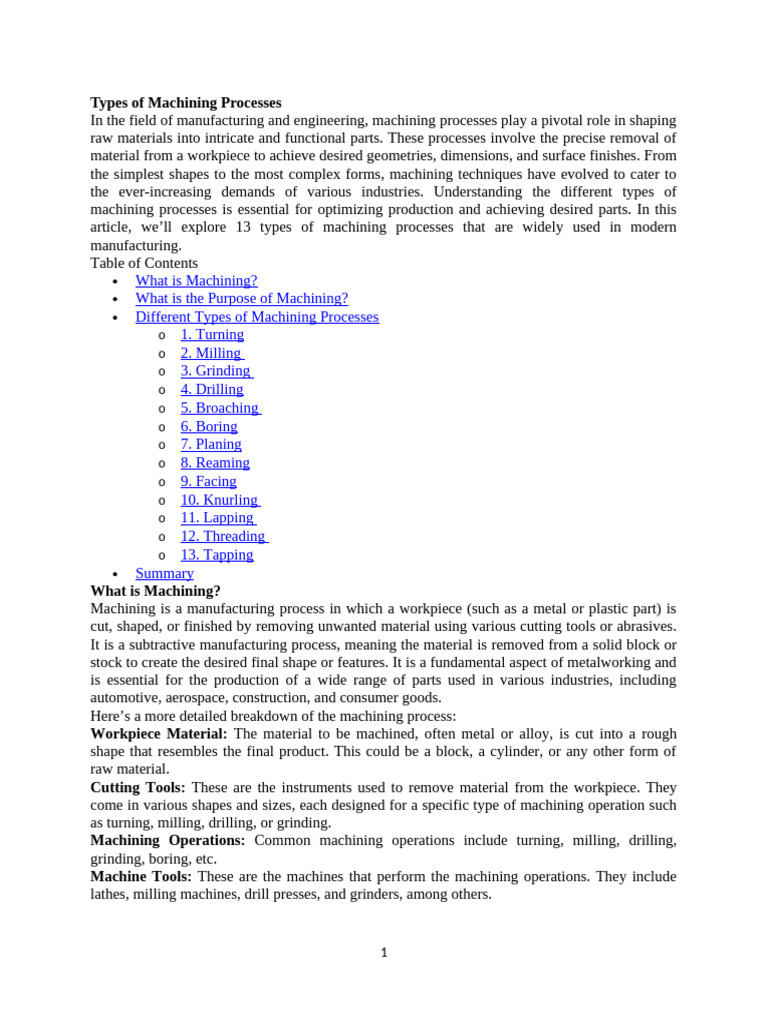 DTE 106 LECTUR NOTES On Types of Machining Processes | PDF