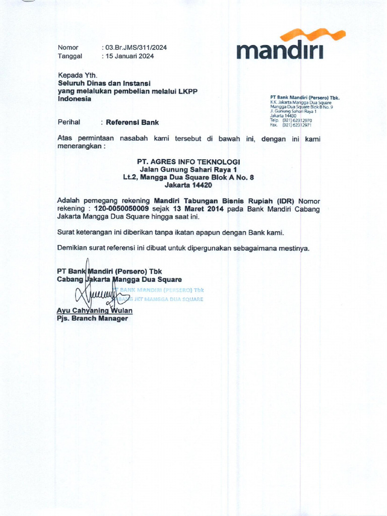 Surat Referensi Bank Mandiri 2024 - 0001 | PDF