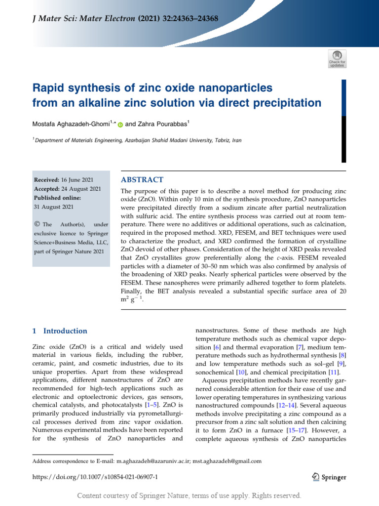 Rapid Synthesis of Zinc Oxide Nanoparticles From A | PDF