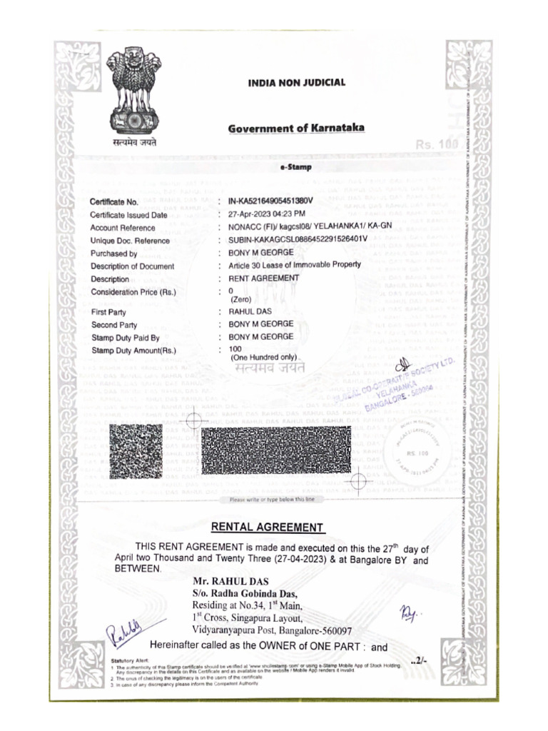 Rental Agreement - Rahul Das & Bony M George - 2023 - 2024 | PDF