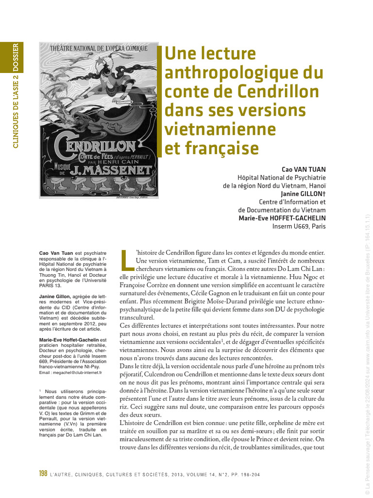 Une Lecture Anthropologique Du Conte de Cendrillon Dans Ses Versions ...