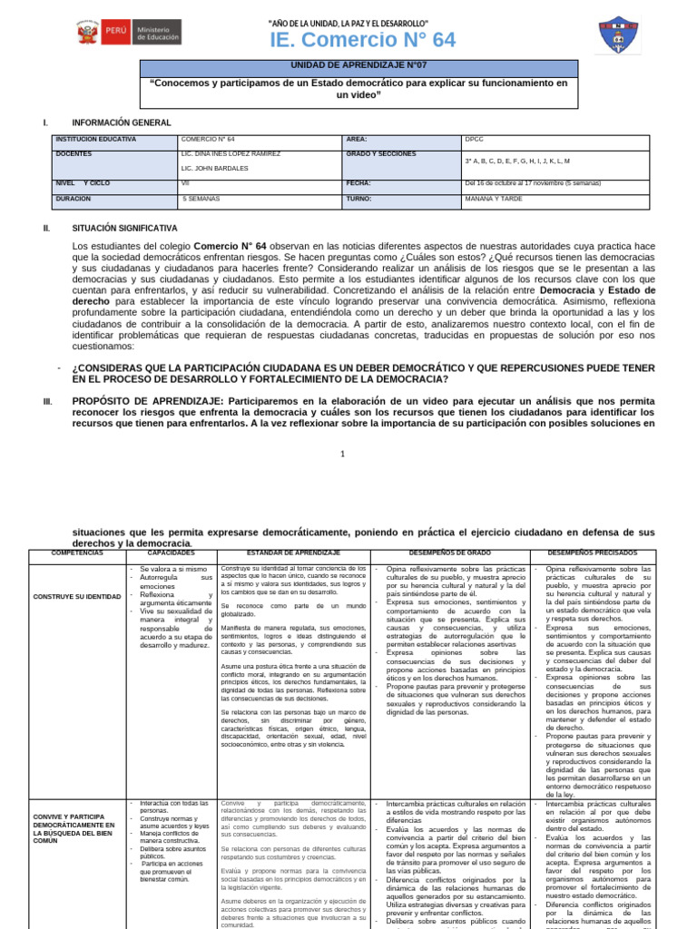 Unidad de Aprendizaje N07 DPCC Tercero | PDF