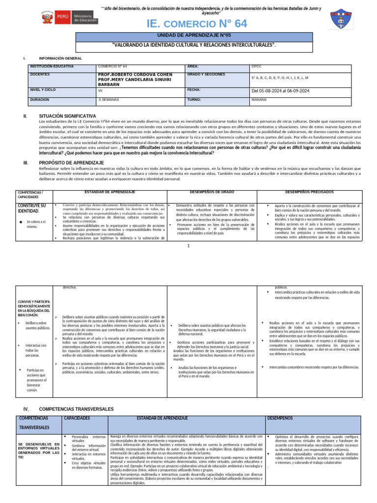 UNIDAD DE APRENDIZAJE N°05 de Quinto | PDF