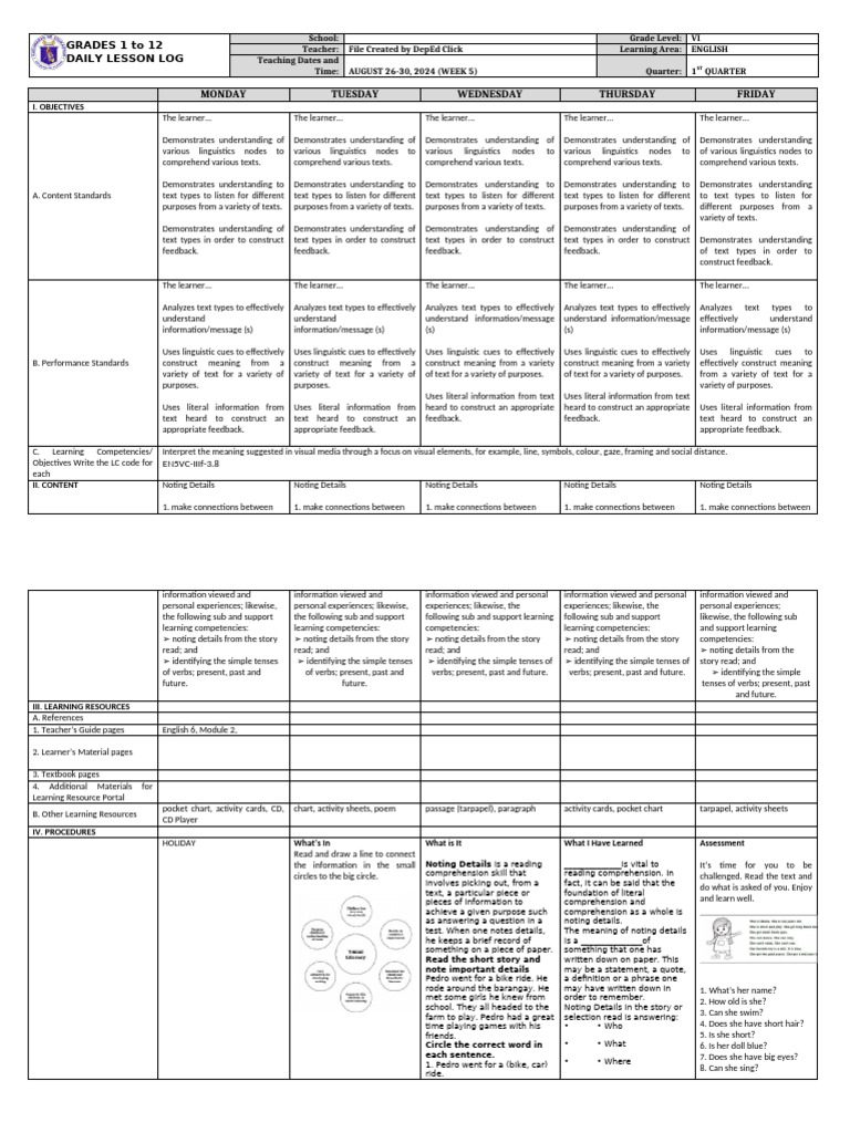 DLL - English 6 - Q1 - W5 | PDF