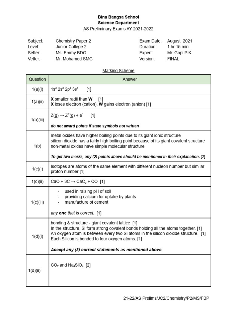 21-22 - AS Prelims - JC2 - Chemistry - P2 - MS - FBP | PDF