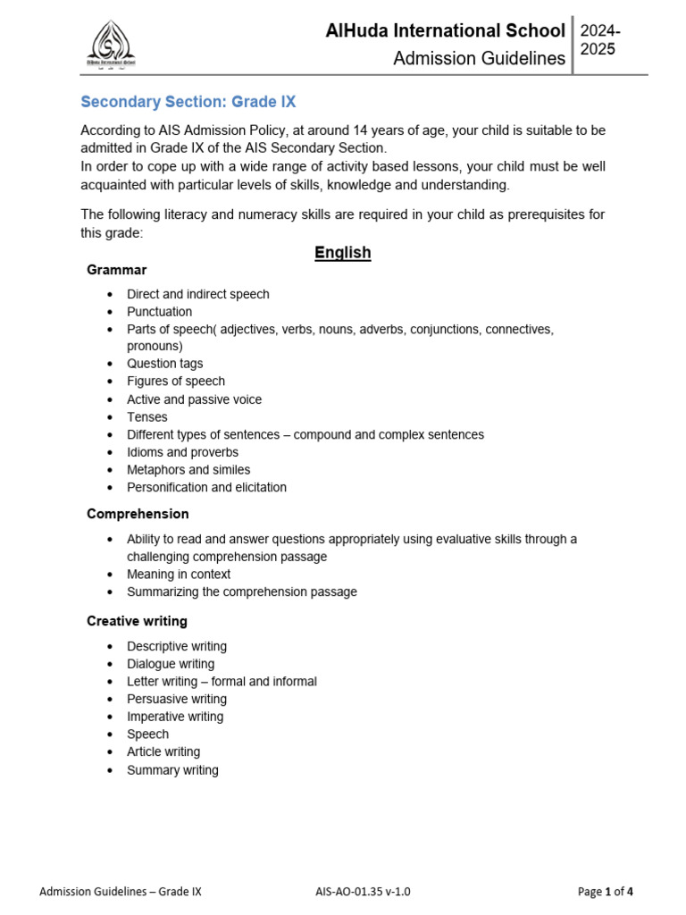 Admission Guidelines Grade IX IGCSE Updated 202425 | PDF