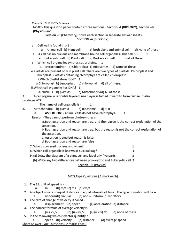Science Sample Paper 1 | PDF