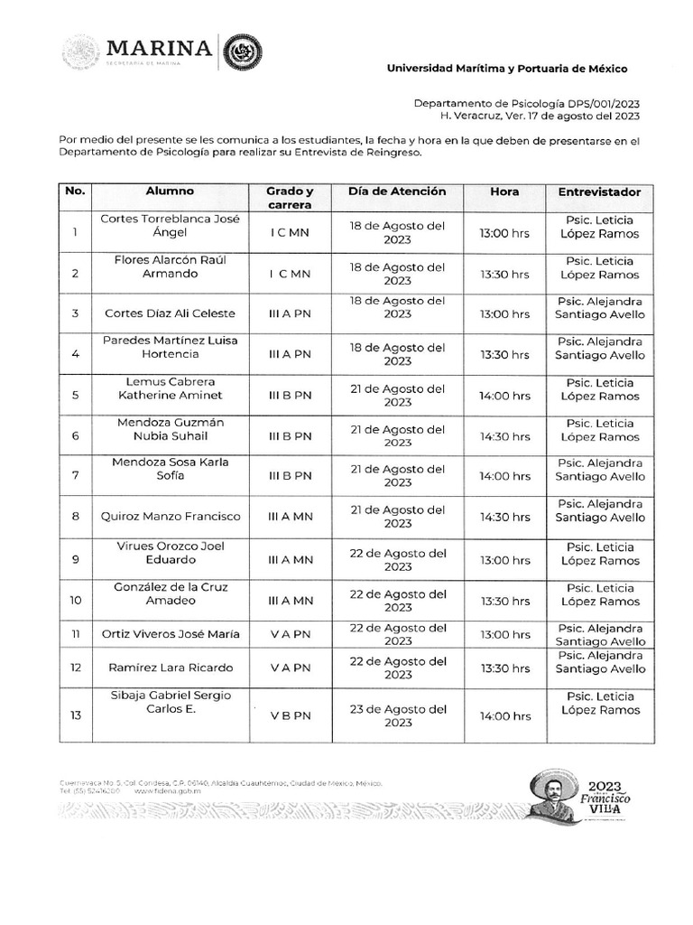 Horarios de Entrevista Reingreso Agos-Dic 2023 | PDF