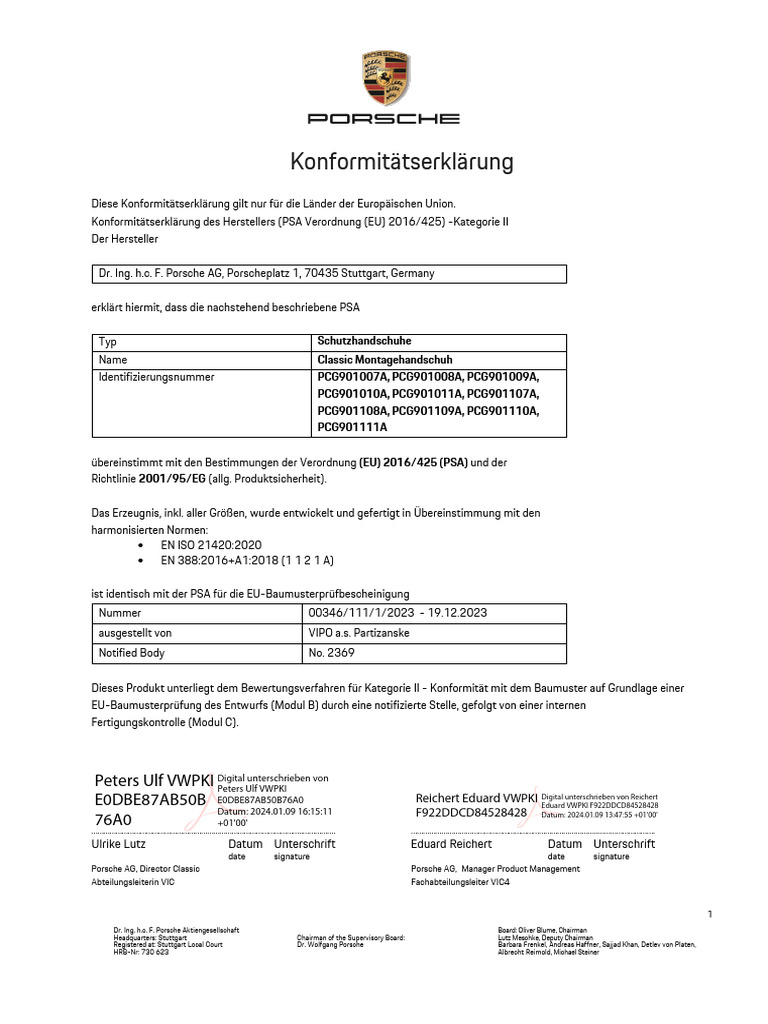 Declaration of Conformity Classic Assembly Gloves Type 901 | PDF