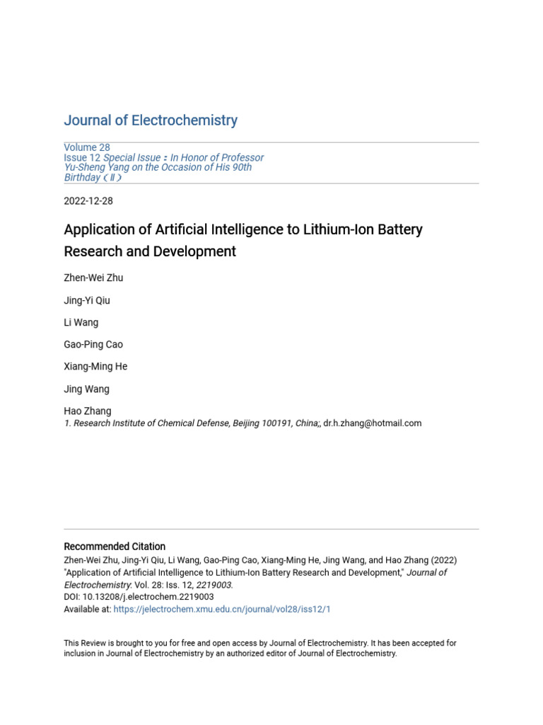 Application of Artificial Intelligence To Lithium-Ion Battery Res | PDF