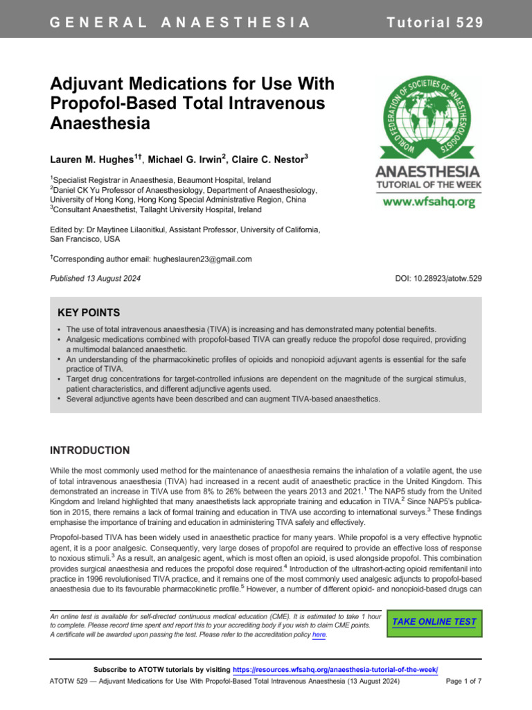 Adjuvant Medications For Use With Propofol-Based TIVA, ATOTW 2024 | PDF