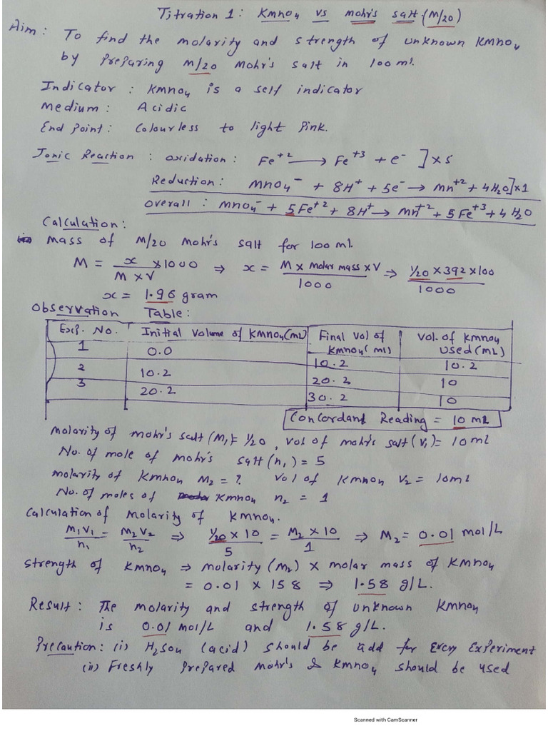 Exp-1 Titration KMnO4 Vs Mohr's Salt or Oxalic Acid - 1 | PDF