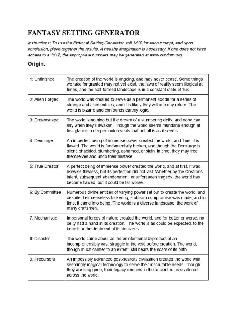Fantasy Setting Generator | PDF