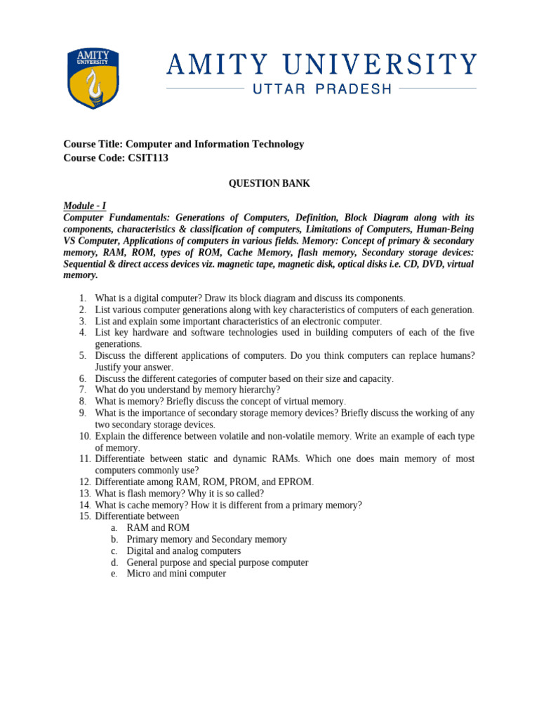Question Bank CIT | PDF | Computer Data Storage | Computers