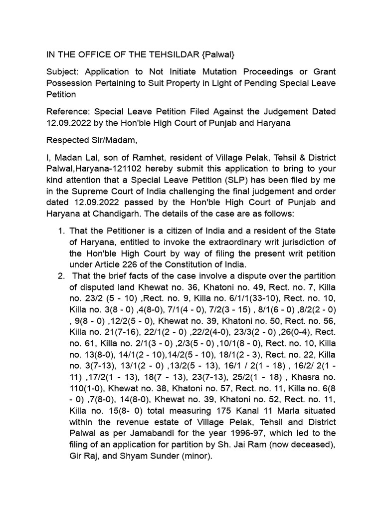 Application To Tehsildar | PDF