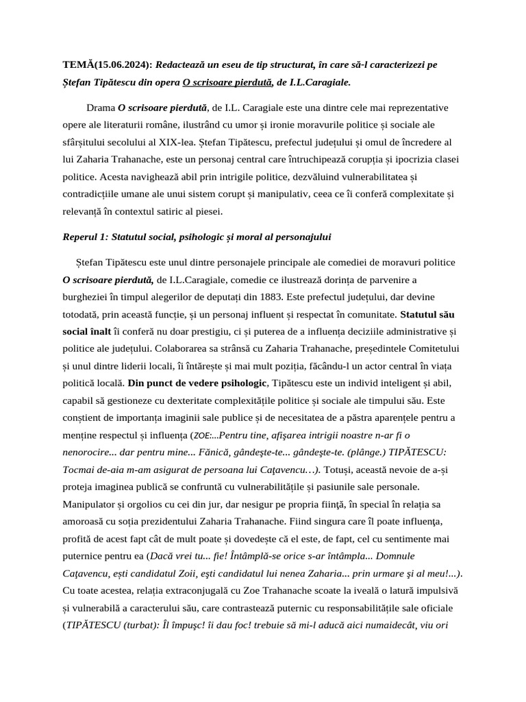 Caracterizare Ștefan Tipătescu-,,O Scrisoare Pierdută" | PDF