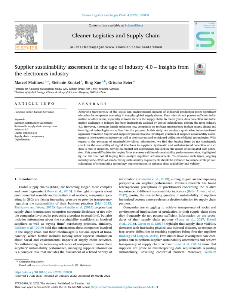 Supplier Sustainability Assessment in The Age of Indu 2022 Cleaner Logistics | PDF