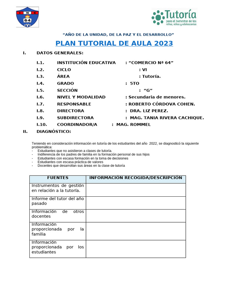 PLAN TUTORIAL DE AULA 5TO G | PDF