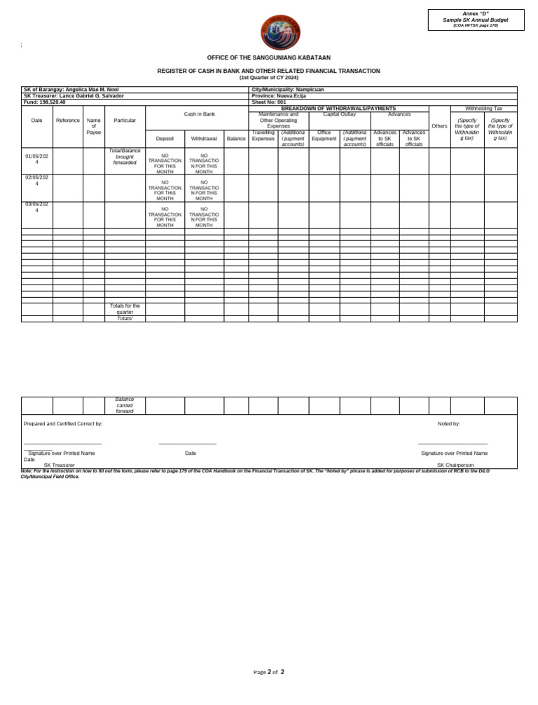 3.6 SK MC ANNEX D Sample Register of Cash in Bank RCB and Other Related ...