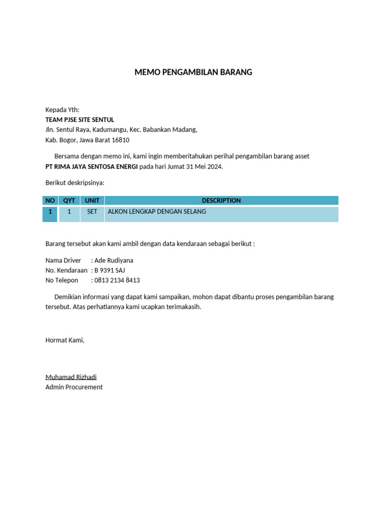 Memo Pengambilan Barang | PDF