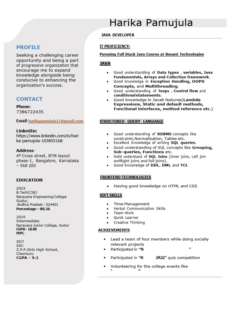 Java Developer Resume - Harika Pamujula | PDF | Sql | Career & Growth