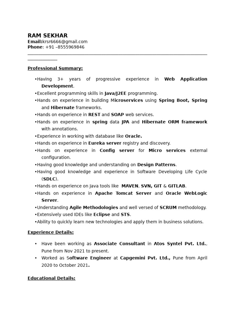 Ram Sekhar - JAVA Resume | PDF | Spring Framework | Computing