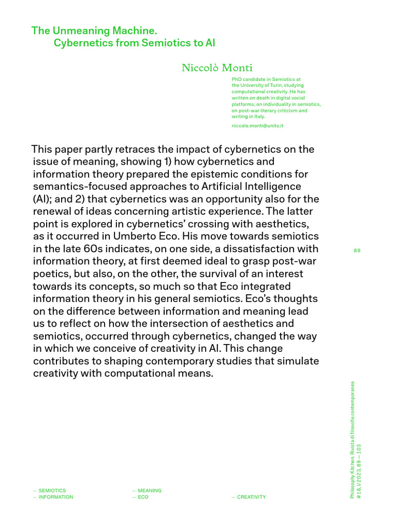 The Unmeaning Machine. Cybernetics From Semiotics To AI | PDF ...