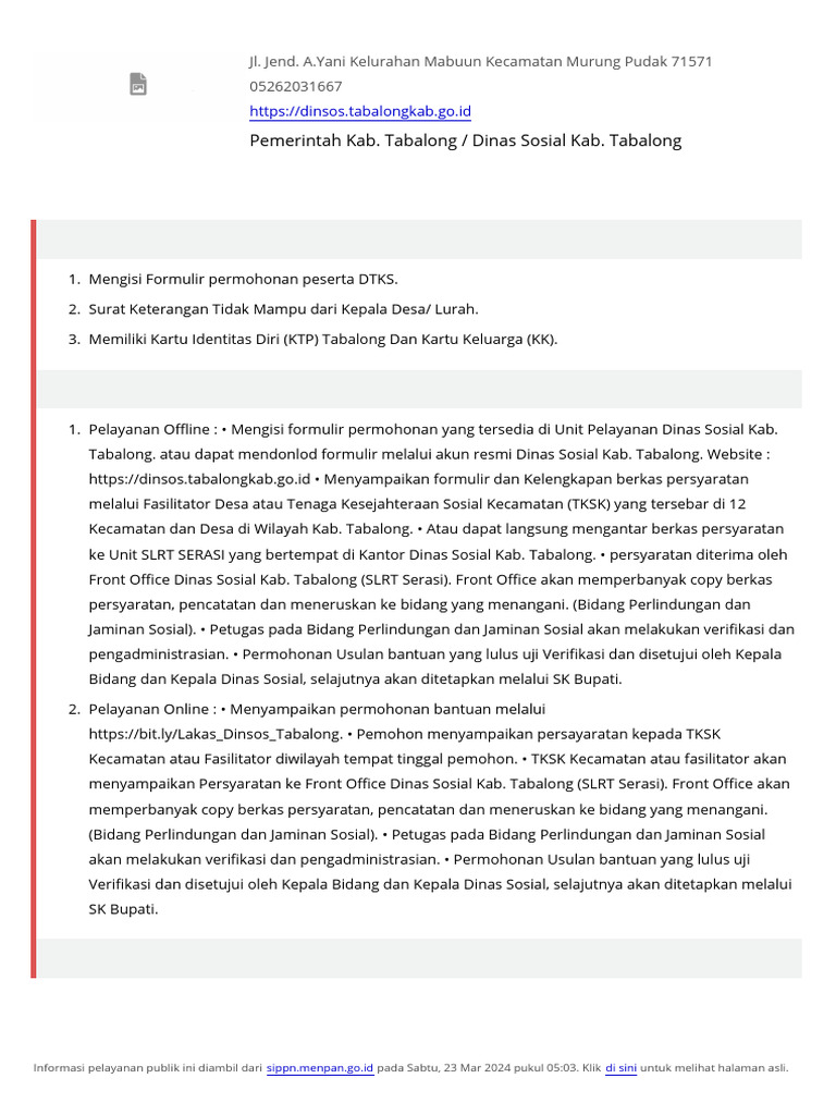 Unduh Standar Pelayanan - Pendaftaran Peserta DTKS | PDF