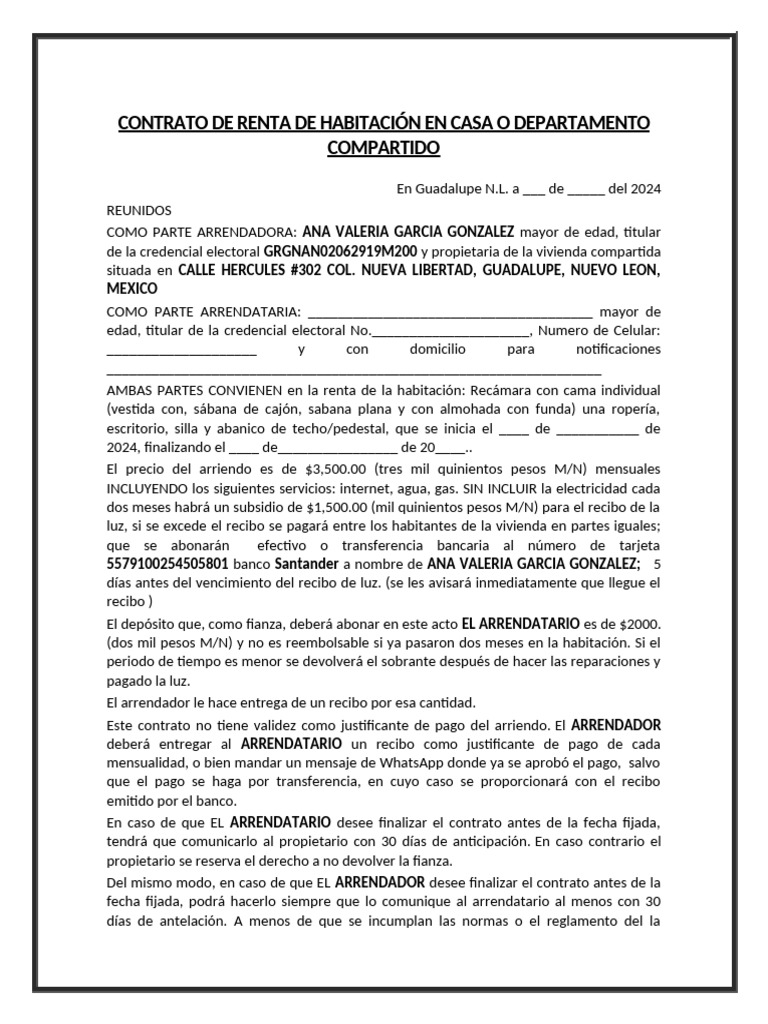 Contrato de Renta de Habitación en Casa | PDF