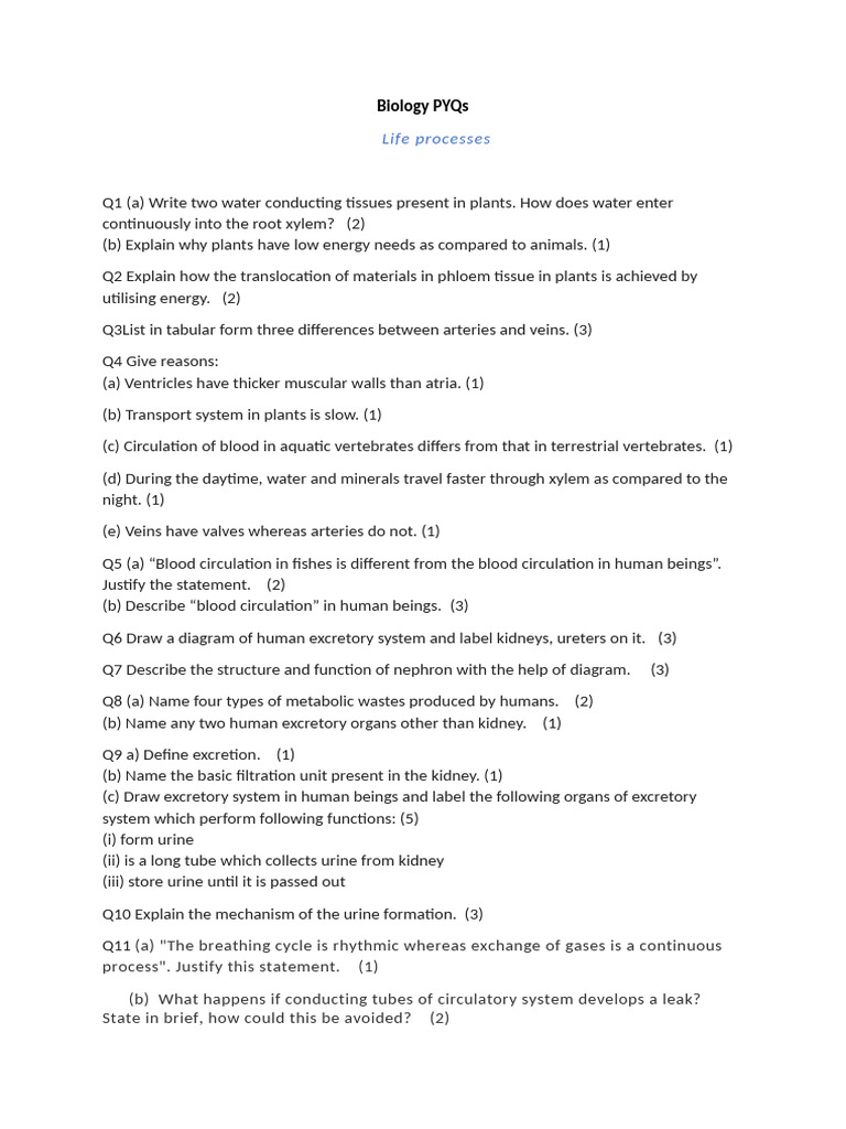 PYQs Set 3 (life processes) | PDF