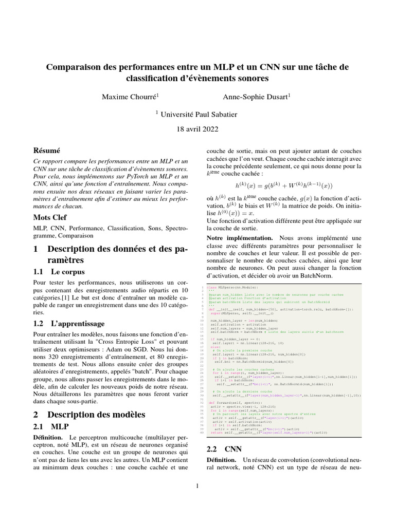 Comparaison Des Performances Entre Un MLP Et Un CNN Sur Une Tâche de Classification D'évènements ...