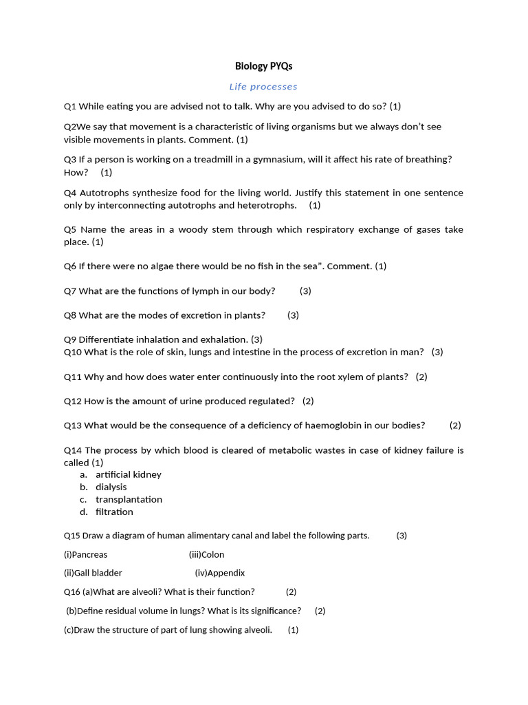 PYQs Set 2 (Life Processes) | PDF