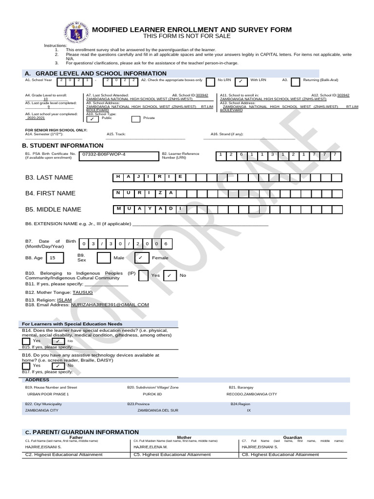 FINAL - Modified Learner Enrollment and Survey Form - English | PDF ...
