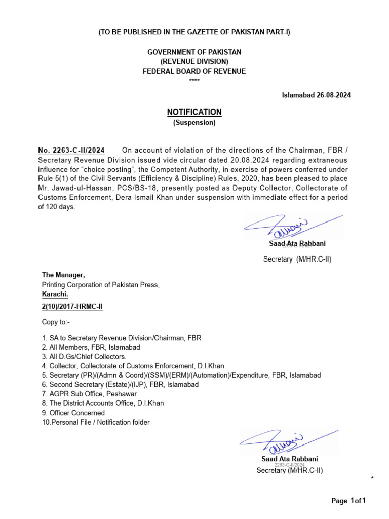 Notification of Chairman FBR Against Arbitrary Posting | PDF