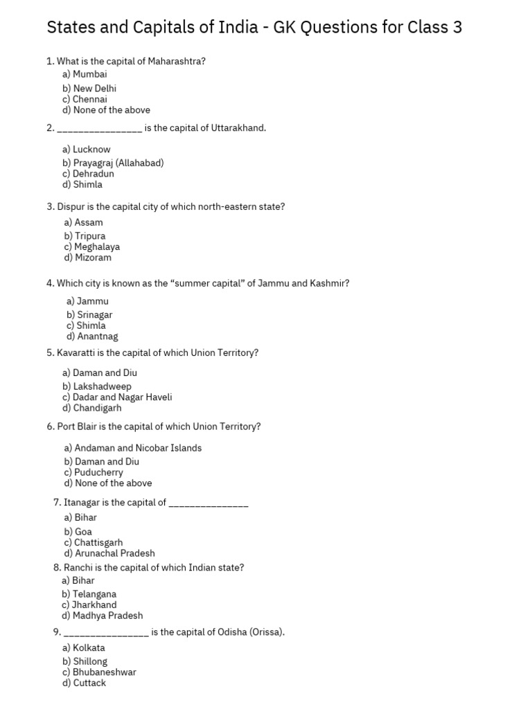 States and Capitals of India GK Questions For Class 2.pdf - 20240824 ...
