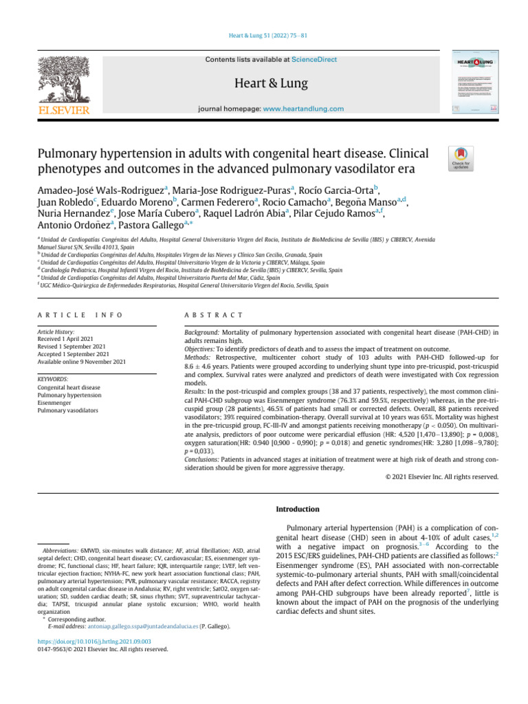 Pulmonary Hypertension in Adults With Congenital Heart Disease ...