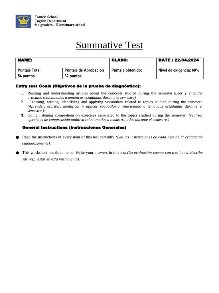 Summative Test 1 (Sixth Grade C) | PDF