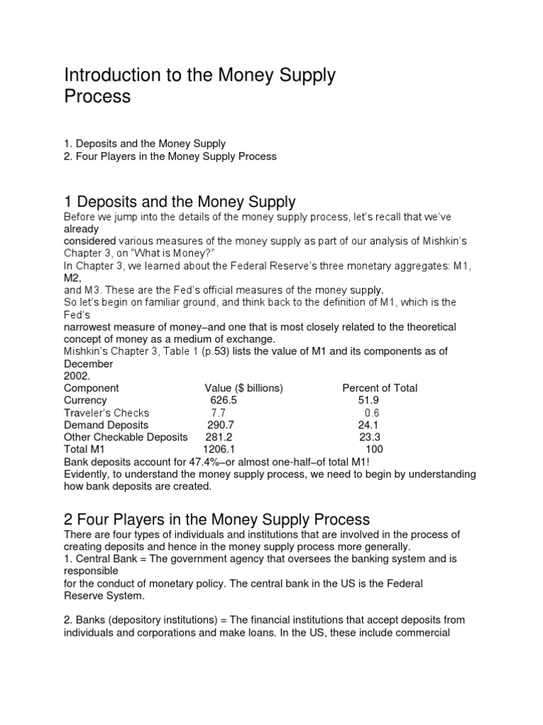 Introduction to the Money Supply Process and How Deposits Impact M1 ...