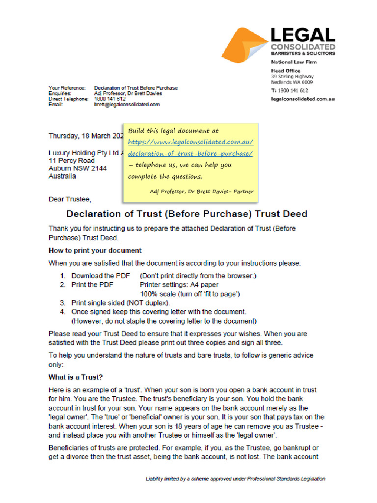 Declaration of Trust Before Purchase Free Sample | PDF