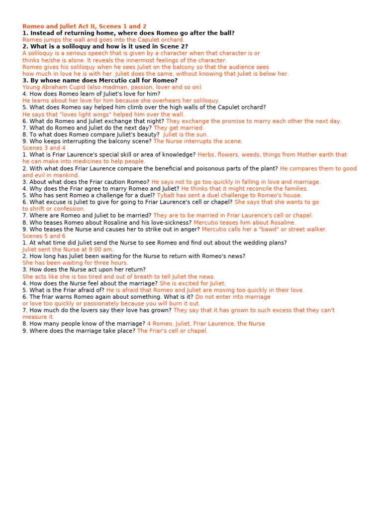 Romeo and Juliet Act II Questions and Answers Study Guide | PDF