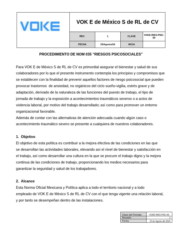 VOKE-RIES-PSIC-60 Procedimiento de NOM 035 Riesgos Psicosociales | PDF