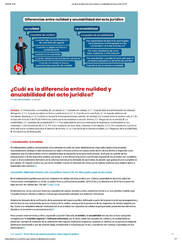 ¿Cuál es la diferencia entre nulidad y anulabilidad del acto jurídico_ _ LP | PDF